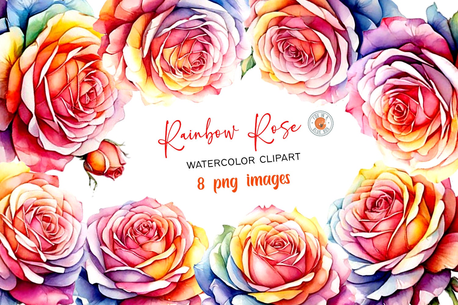 Rainbow Rose Clipart, Rainbow Rose in PNG Format, Watercolor Rainbow ...