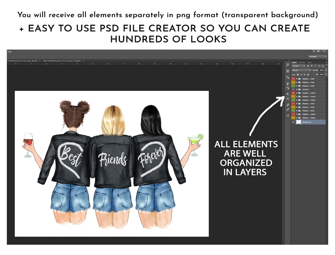 3 GIRLS Best Friends Clipart Best Friends Jackets BFF Clipart - Etsy