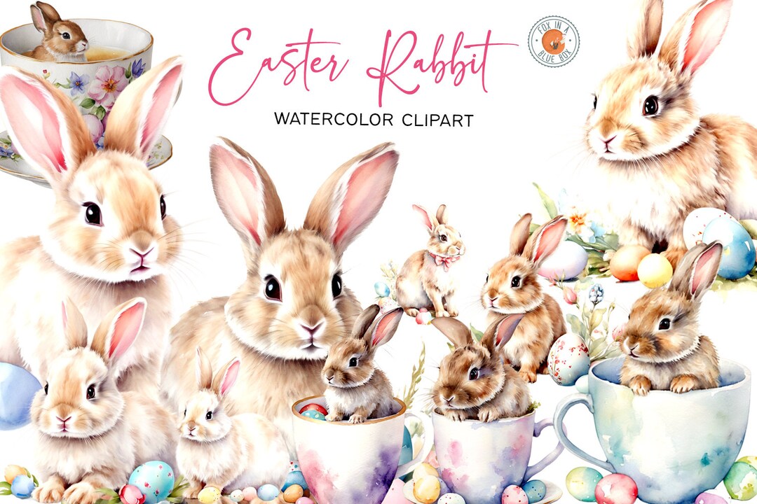 Watercolor Easter Bunny Clipart Bundle (PNG) - Etsy