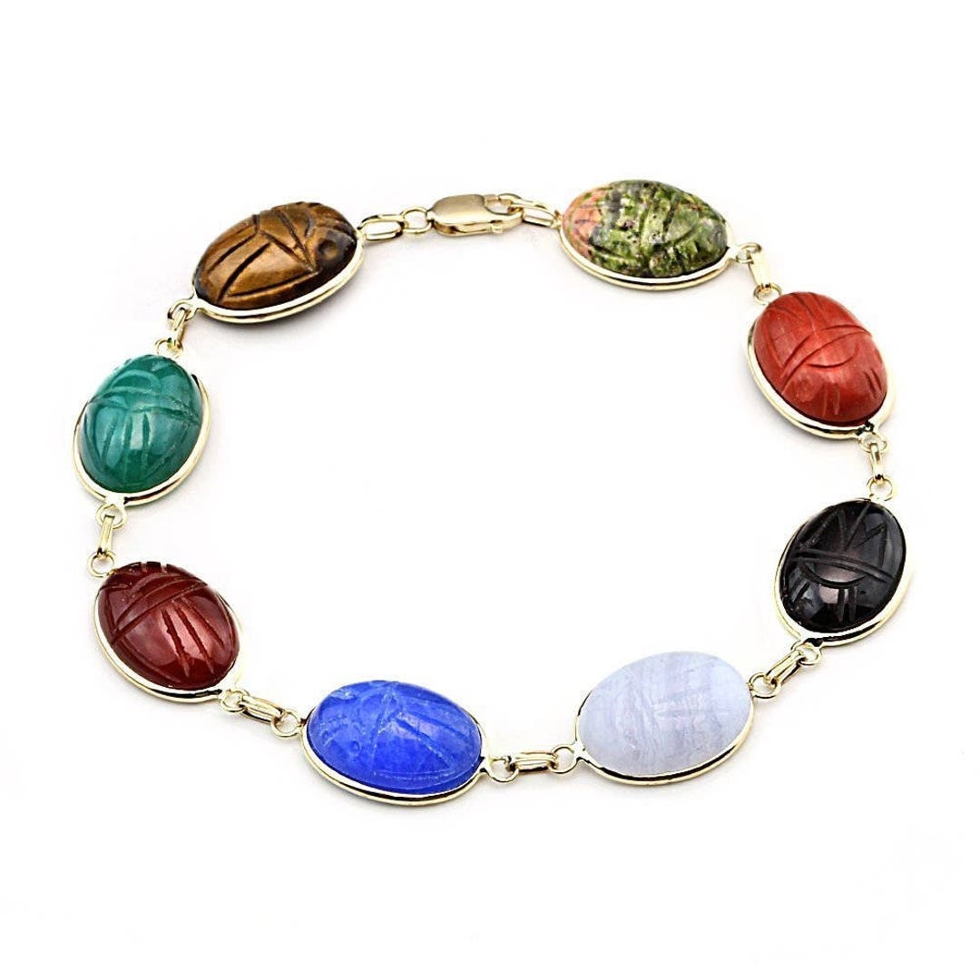 14k Yellow Gold Handmade Scarab Bracelet With Oval Shape Gemstones 7 ...