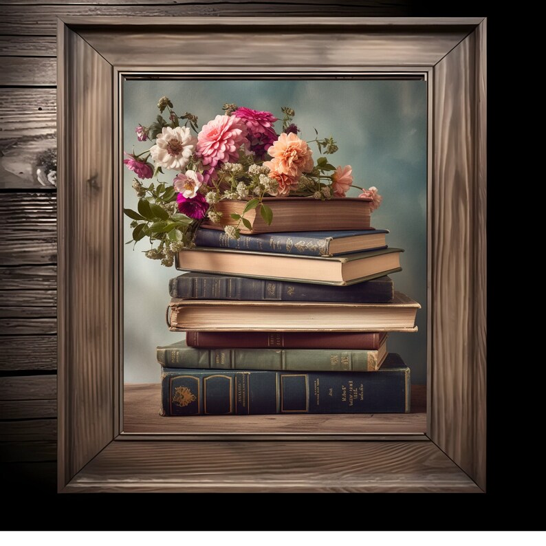 Beautiful Wall Print, Stack of Books With Pile of Flowers Printable ...