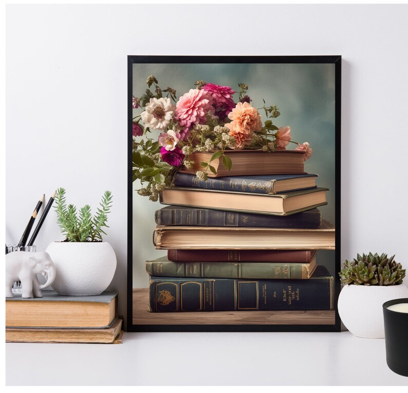 Beautiful Wall Print, Stack of Books With Pile of Flowers Printable ...