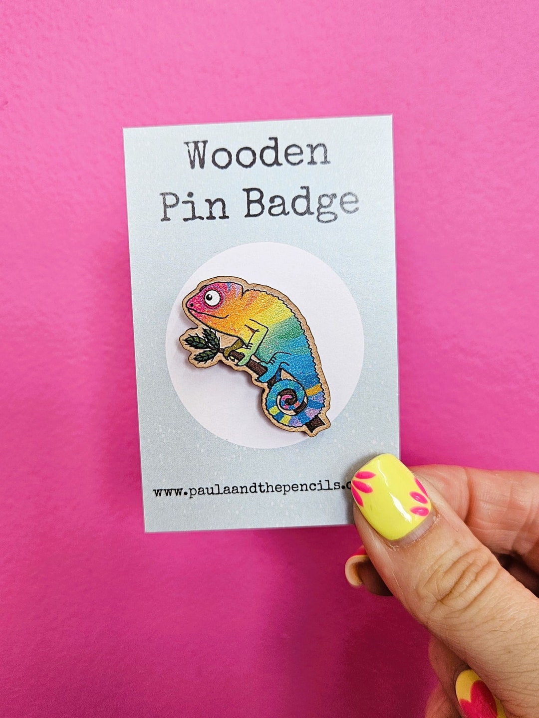 Rainbow Chameleon Wooden Pin Badge - Animal Lover - Reptile - Nature ...