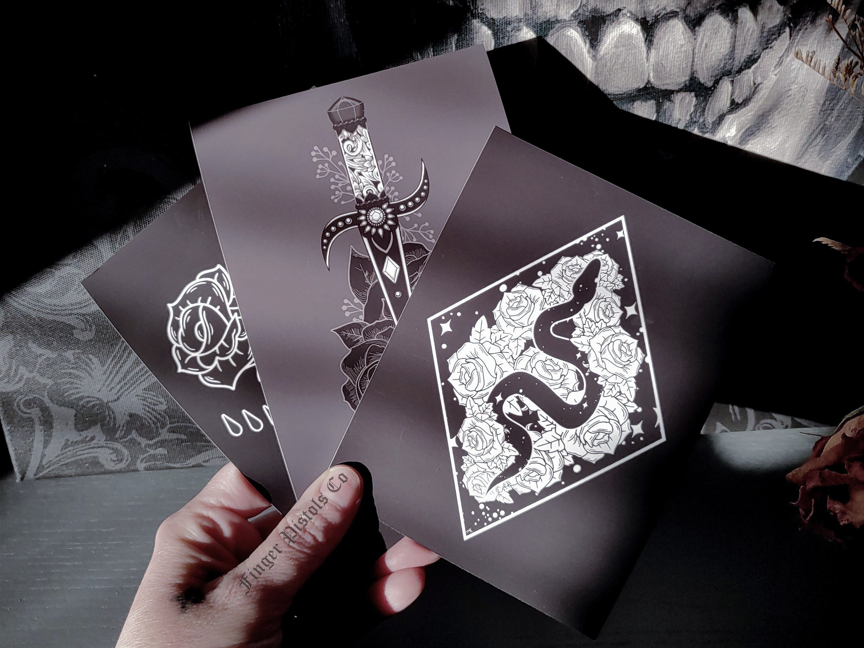 Gothic Mini Art Prints - Set of 3 Tattoo Style Wall Hangings - Witchy ...