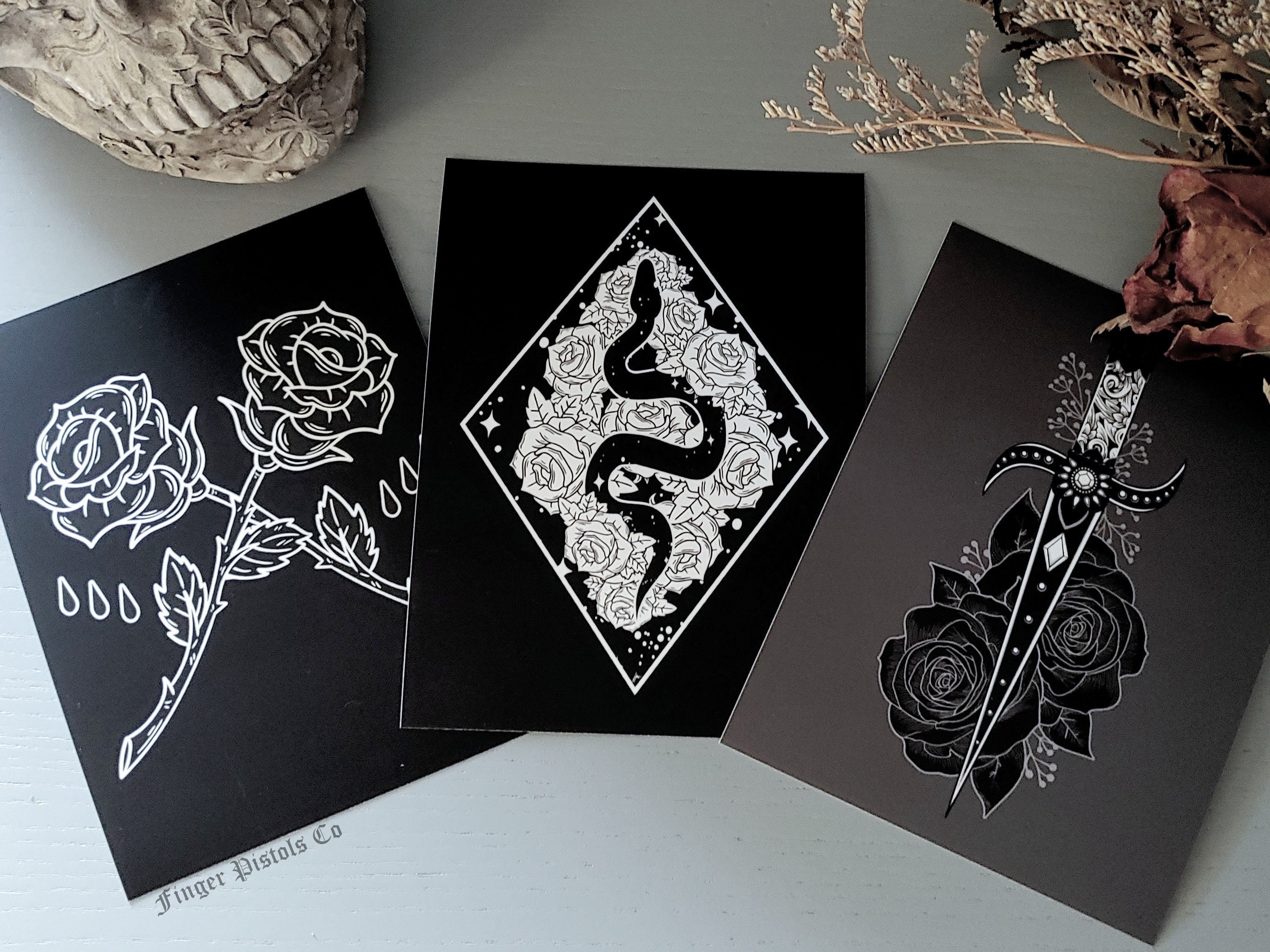 Gothic Mini Art Prints Set of 3 Tattoo Style Wall Hangings - Etsy
