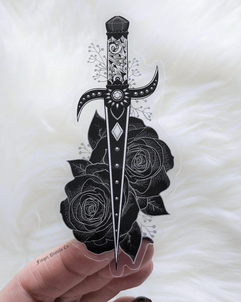 Dagger Tattoo Style Sticker - Clear Witchy Sticker - Dagger and Roses ...