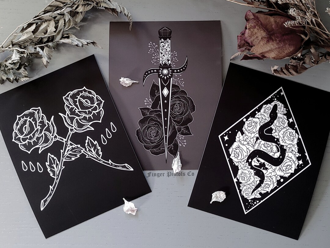 Gothic Mini Art Prints - Set of 3 Tattoo Style Wall Hangings - Witchy ...