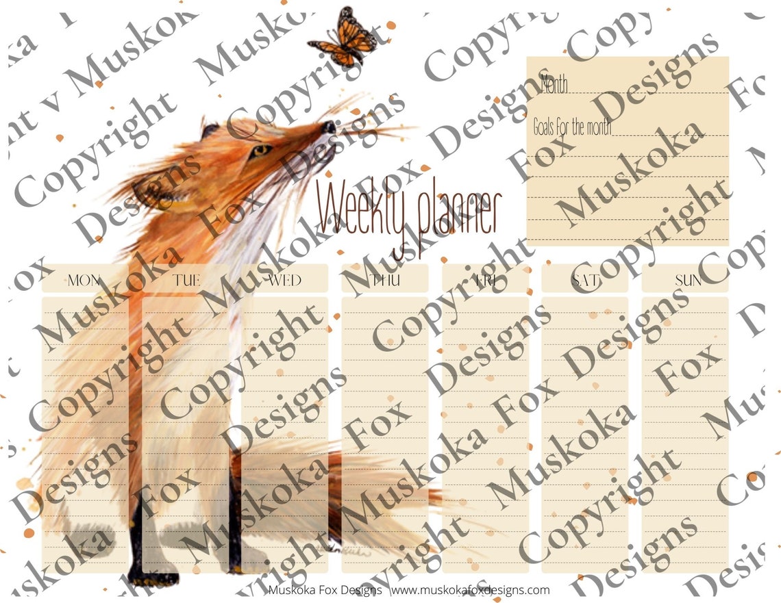 PRINTABLE Monarch Fox Calendar, Digital Download Calendar Weekly ...