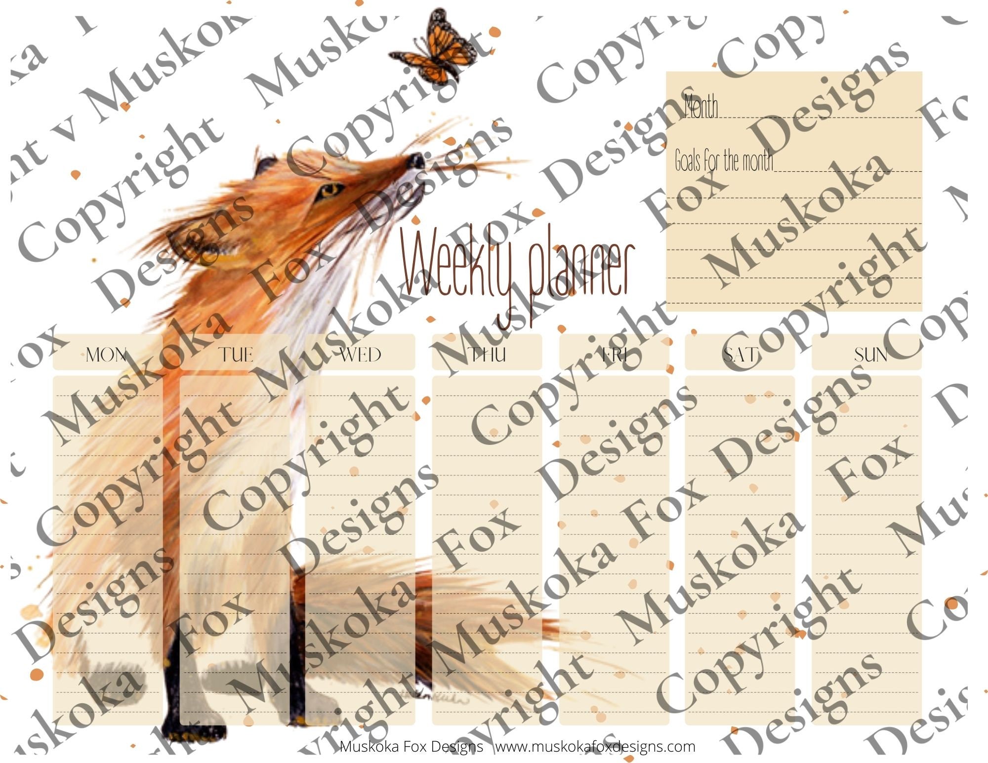 PRINTABLE Monarch Fox Calendar, Digital Download Calendar Weekly ...