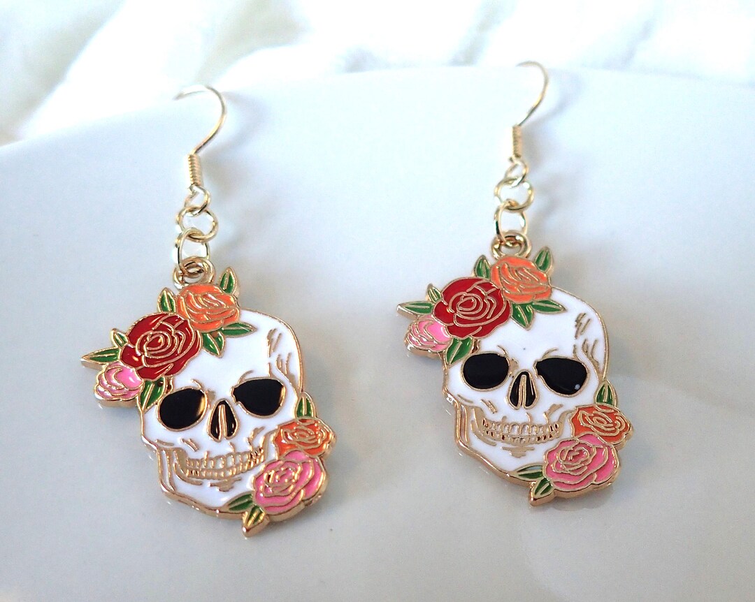 HALLOWEEN Earrings DEATH HEAD White Black Enamel With Orange Pink ...