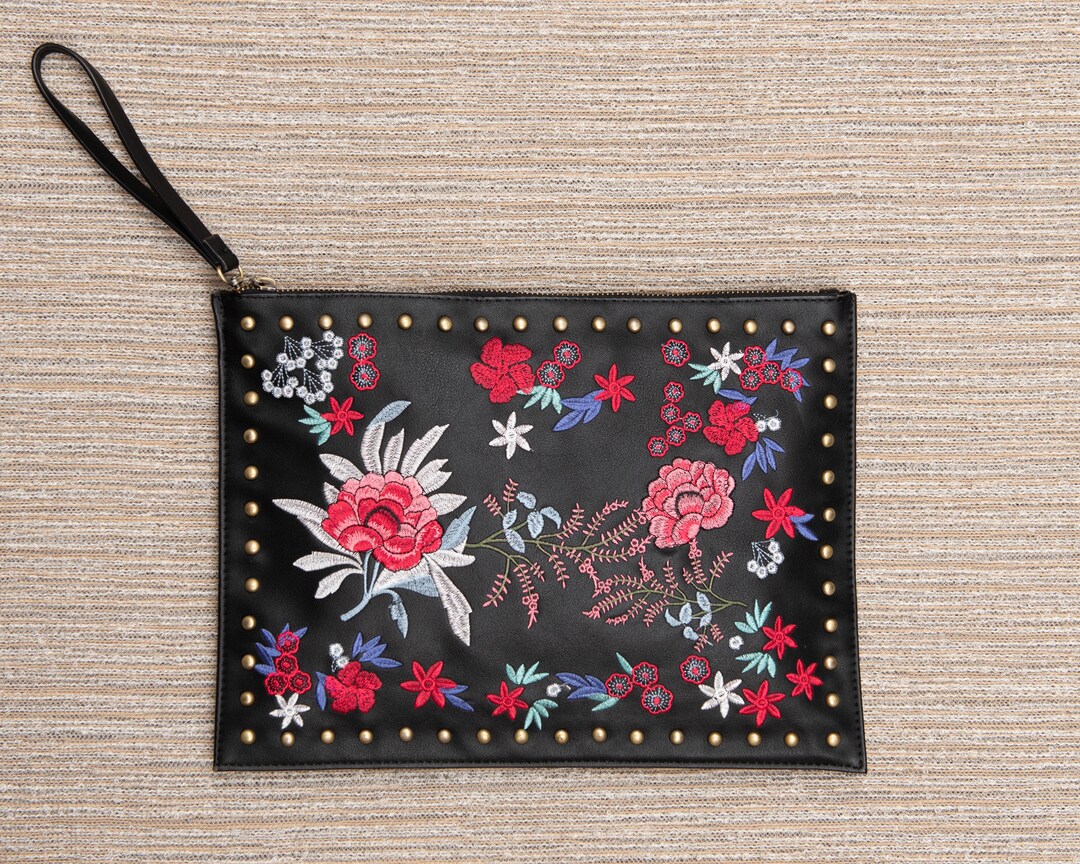 Black Embroidered Clutch, Floral Boho Bag - Etsy