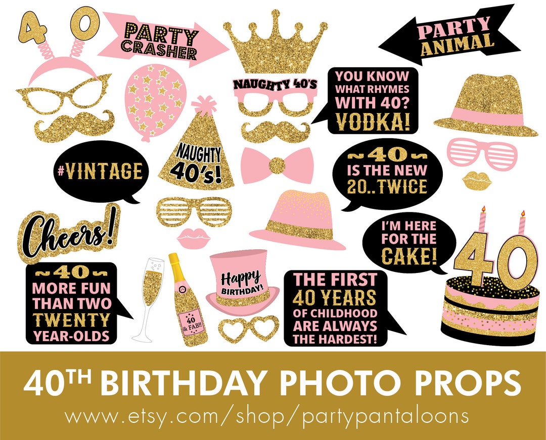 40th Birthday Photo Booth Props, Pink Gold Photography Props for ...
