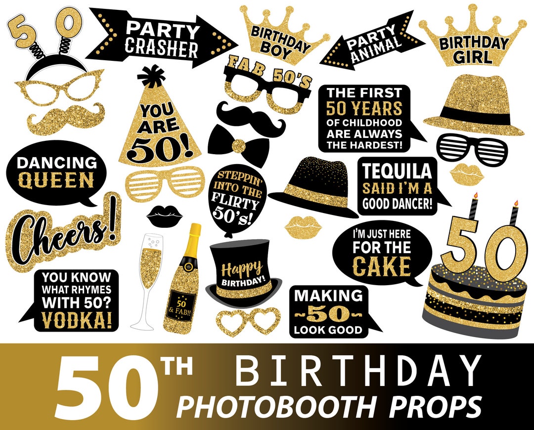 50th Birthday Photo Booth Props, Black Gold Photography Props for ...