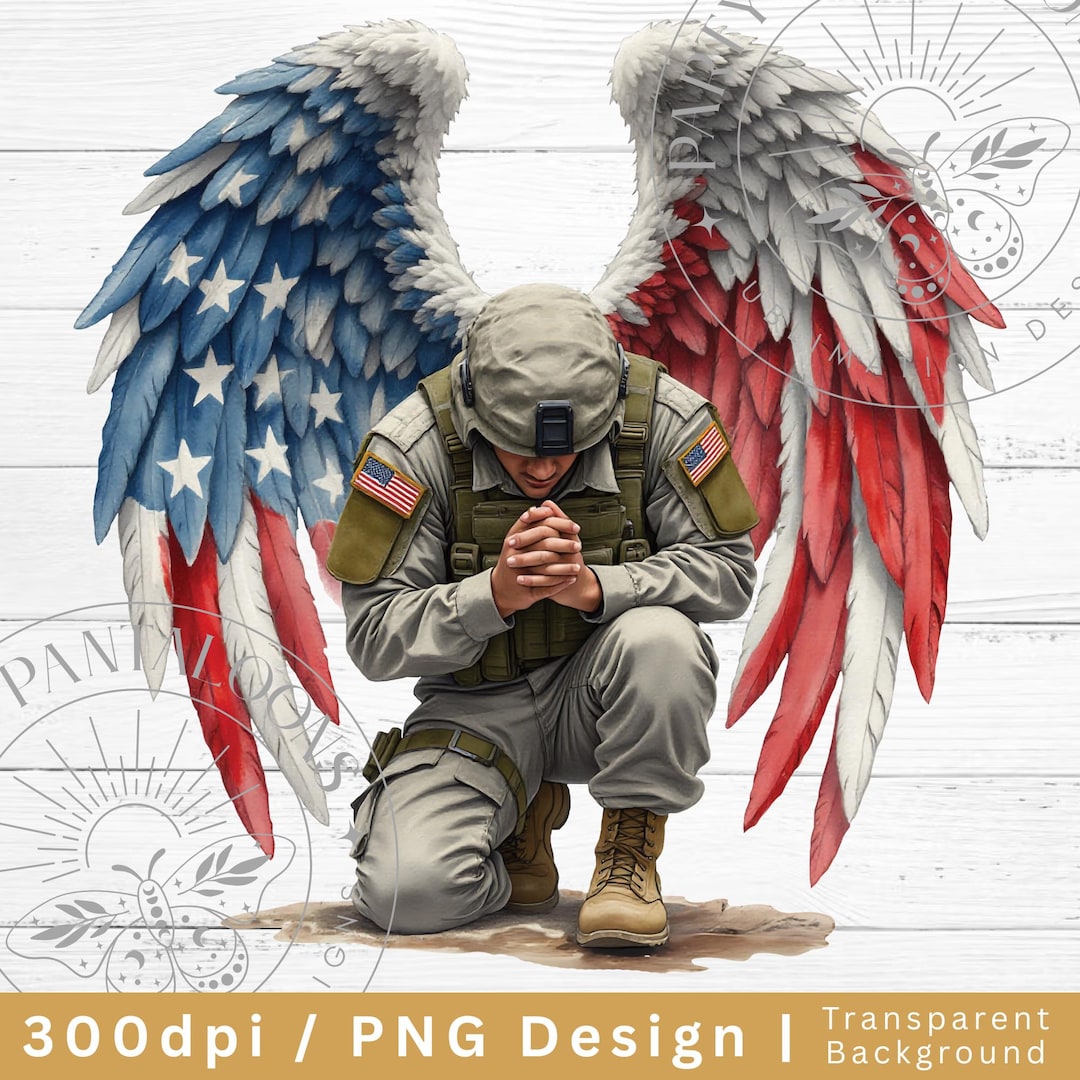 Kneeling Hispanic Soldier With Angel Wings, Military Png, Us Soldier ...