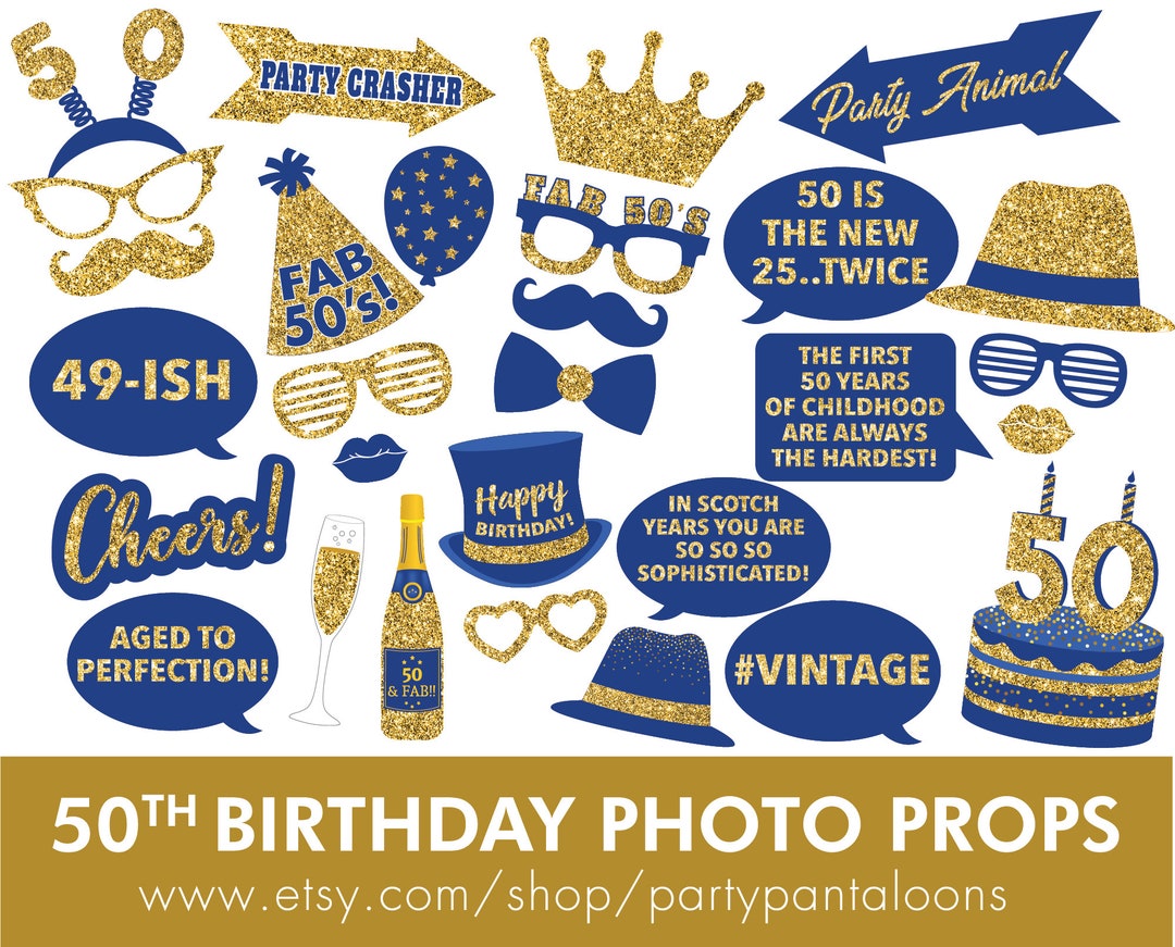 50th Birthday Photo Booth Props Blue Gold Photography Props - Etsy