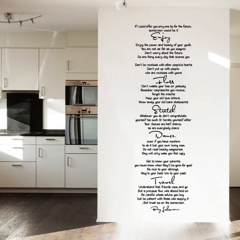 Wall Vinyl Decal Song Lyrics wear Sunscreen by Buz Luhrmann, Textual ...