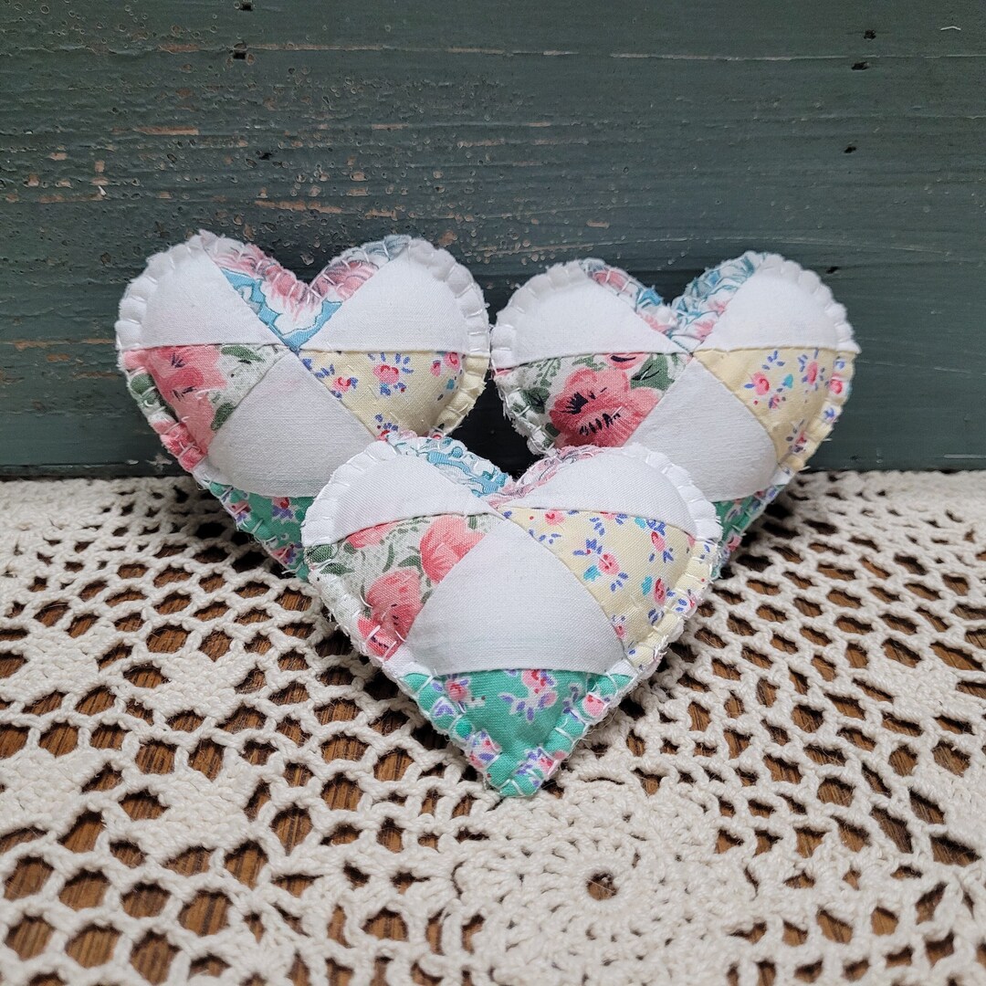 Set of 3 Upcycled Quilt Small Heart Stuffies, Hand Cut and Sewn, Bowl ...