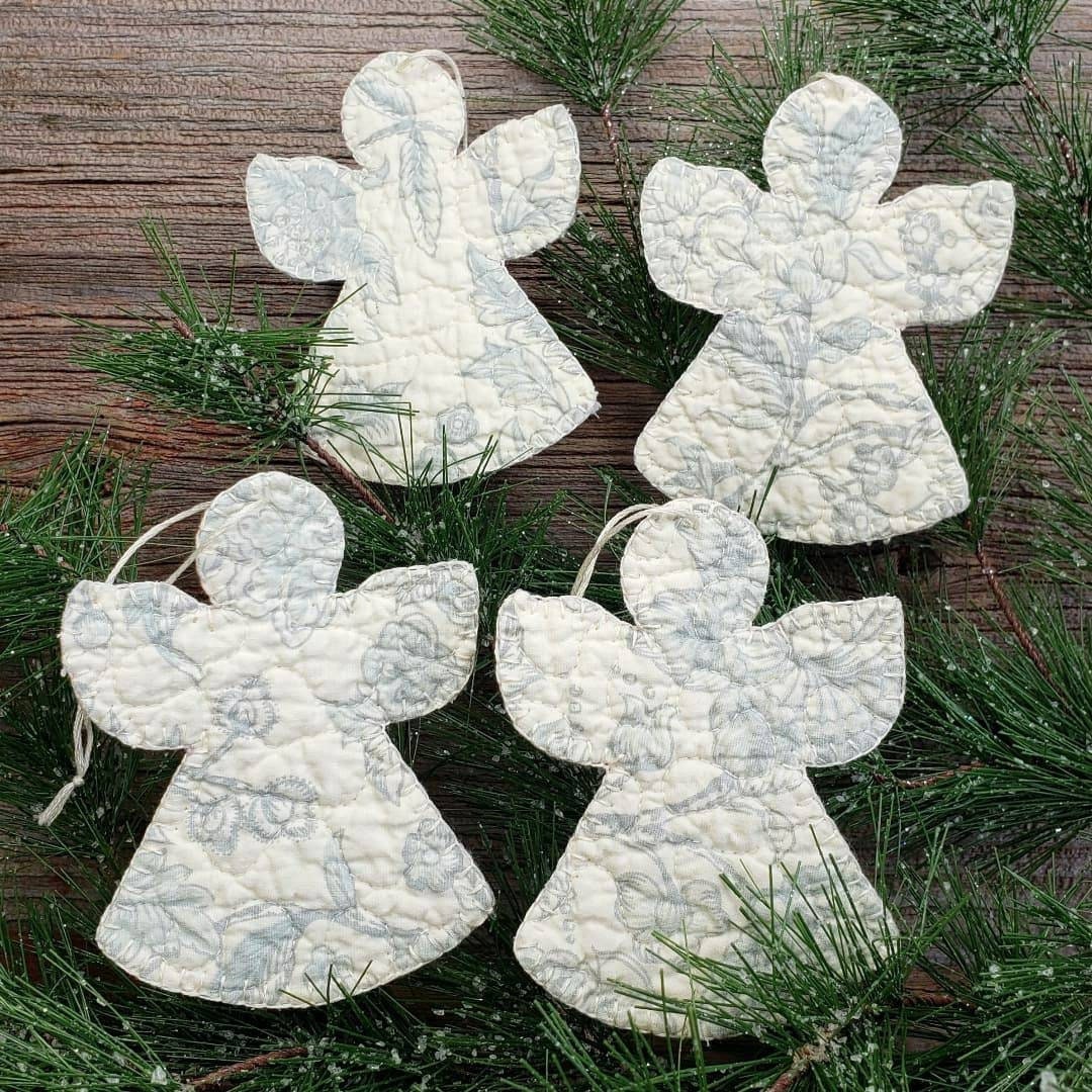 Quilt Angel Ornaments, Set of 4 Soft Blue and Cream Floral Upcycled ...