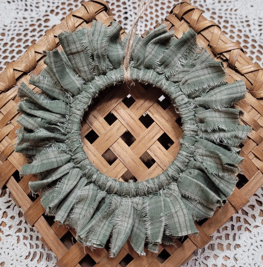 Mini Dark Sage Green Rag Wreath Homespun Fabric W/jute Hanger Handmade ...