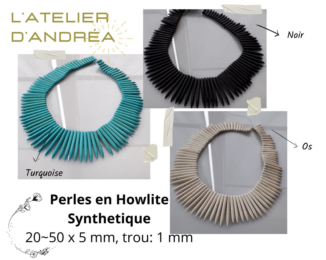 Necklace of 100 Beads, Fang Shape, Synthetic Howlite, Turquoise, Black ...