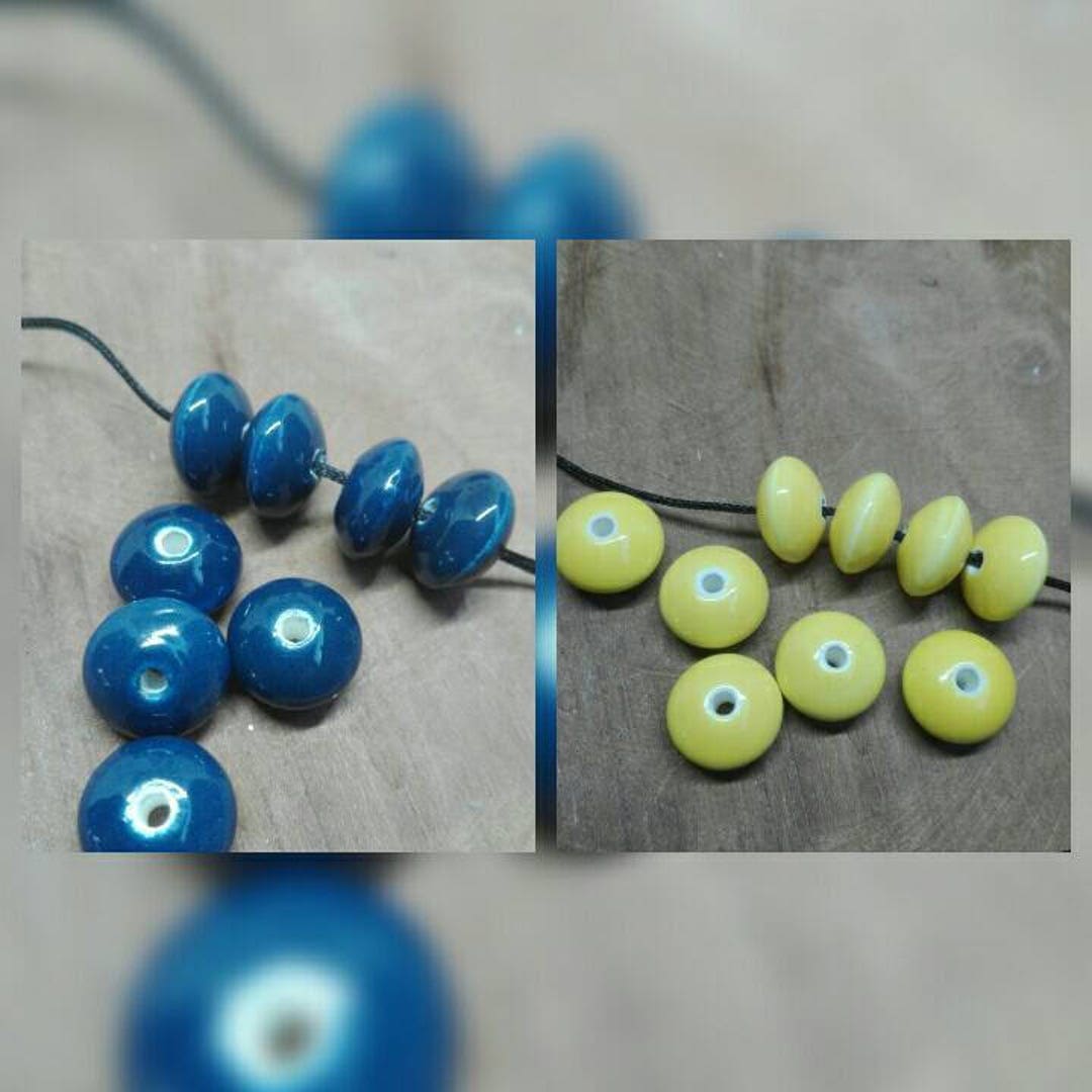 Set of 10 Luminous Enameled Porcelain Beads/abacus/icy Yellow/12x7 Mm ...