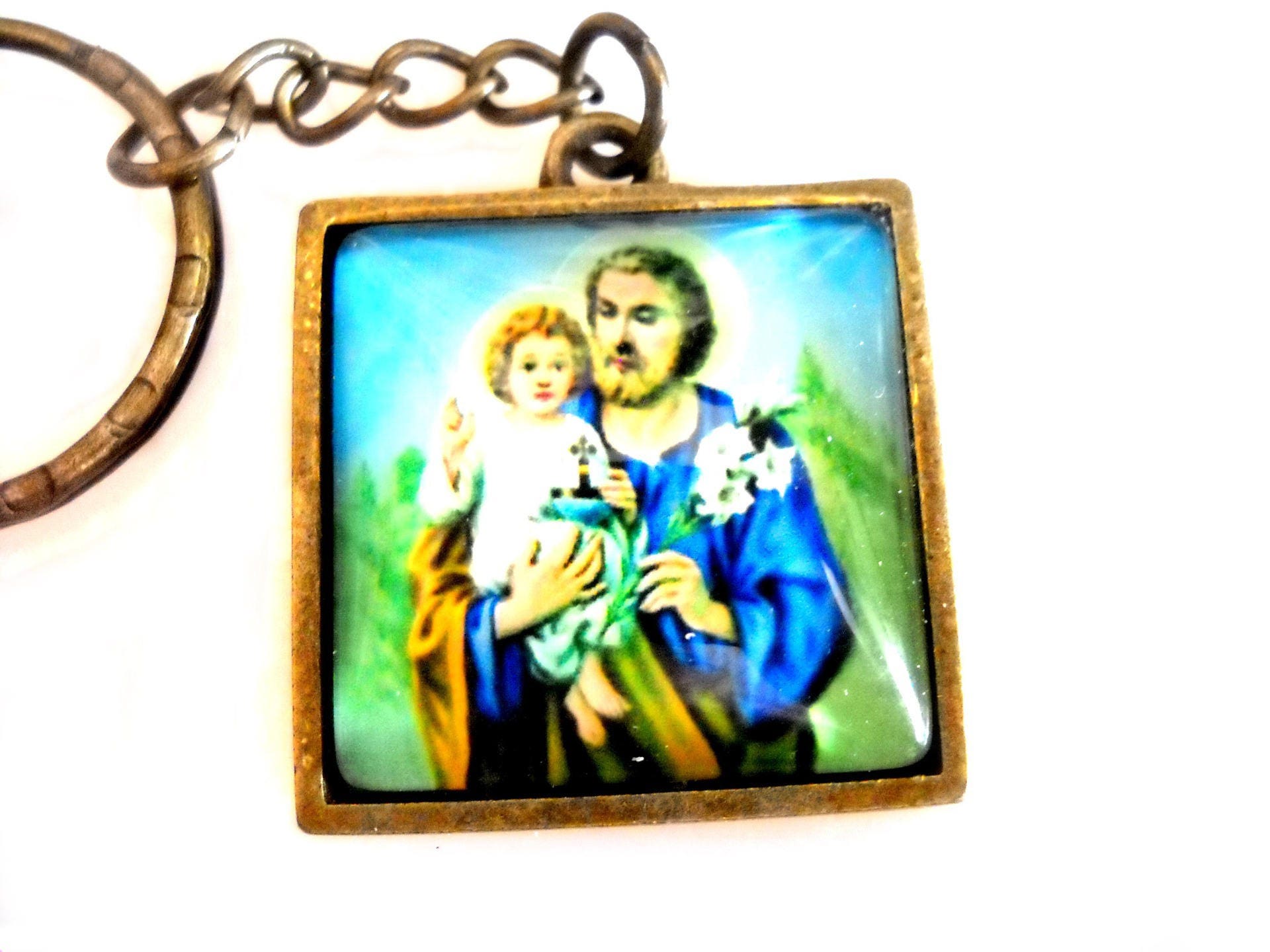 Key fob Saint Joseph and baby Jesus with glass | Etsy