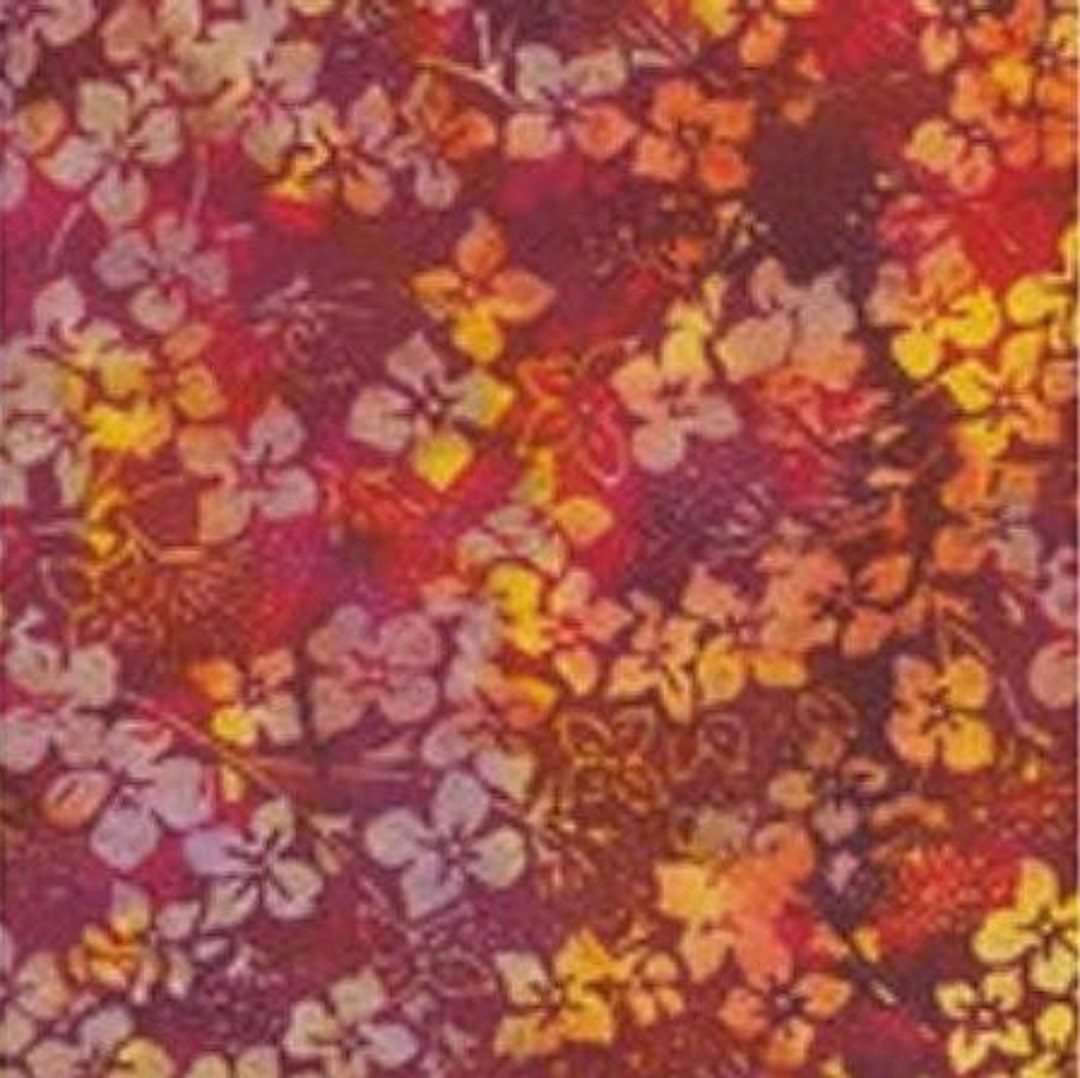 Patchwork Fabric, Batik, Flower Patterns, Orange Yellow Tones, Burgundy ...