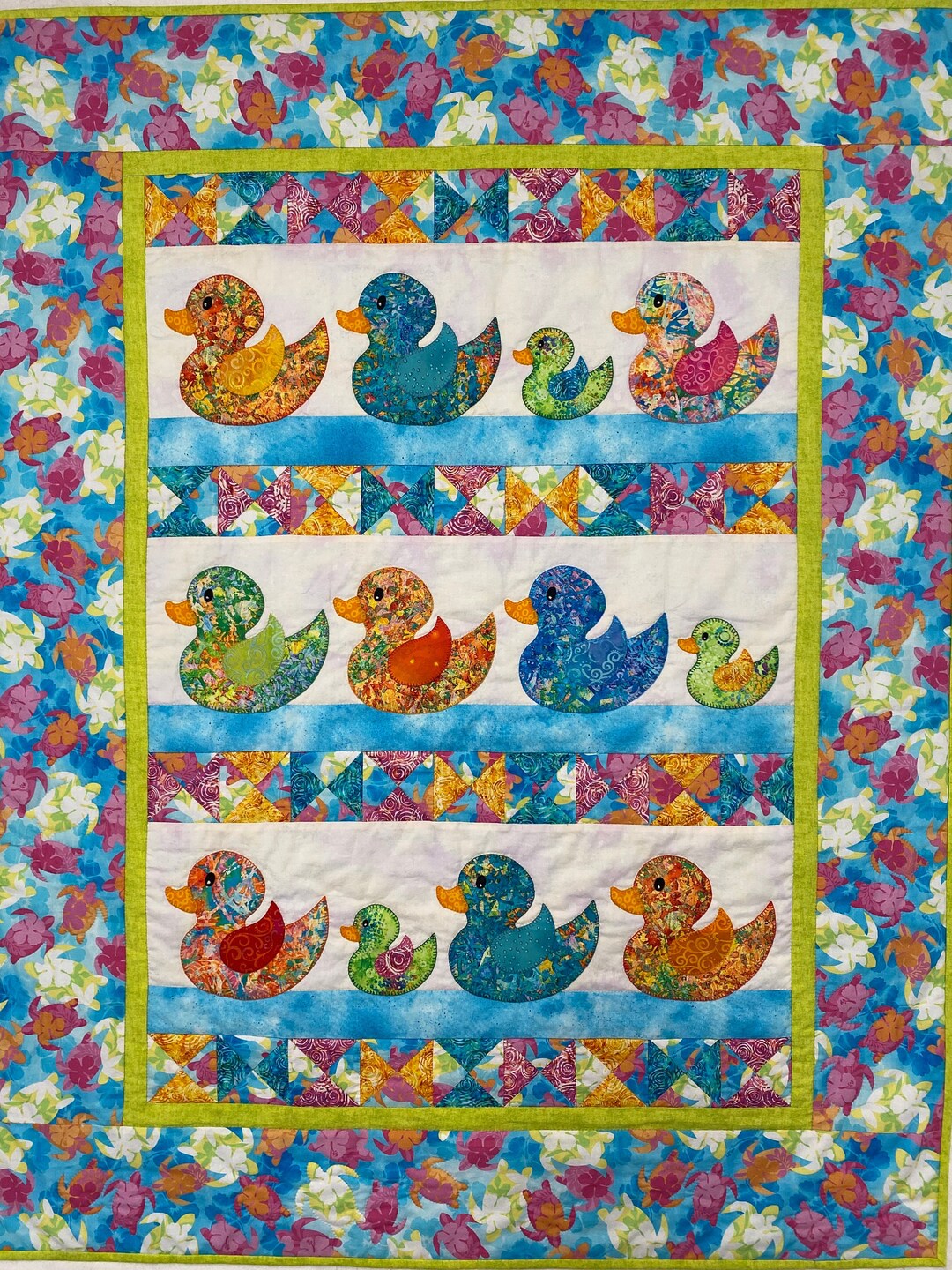 Traditional Patchwork, Small Multicolored Burst Ducks, Pieced, Applied ...