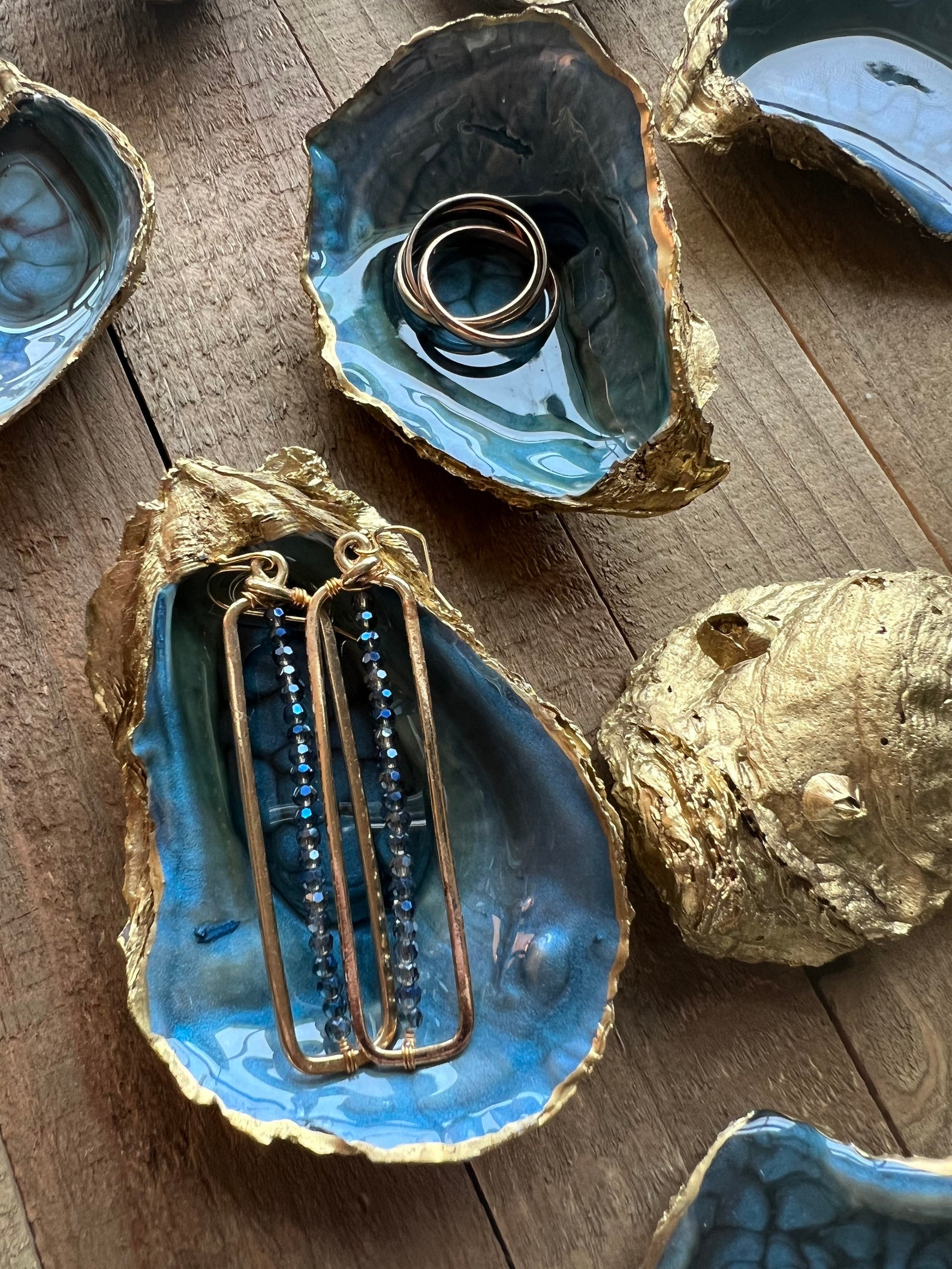 September Birthstone | Sapphire and Brass Hand-painted Oyster Shell ...