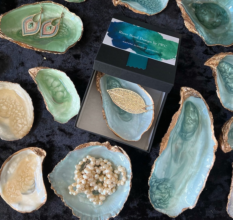 Sapphire Blue Oyster Shell Ring Dish: Hand-painted Brass Jewelry ...