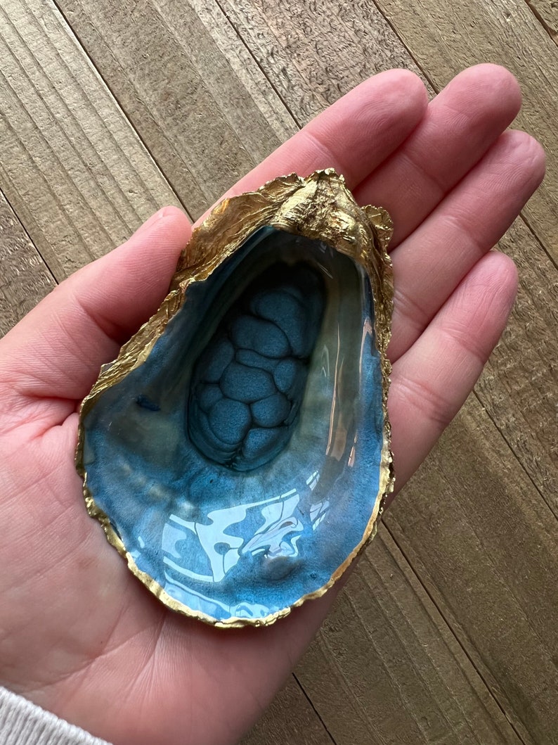 Sapphire Blue Oyster Shell Ring Dish: Hand-painted Brass Jewelry ...