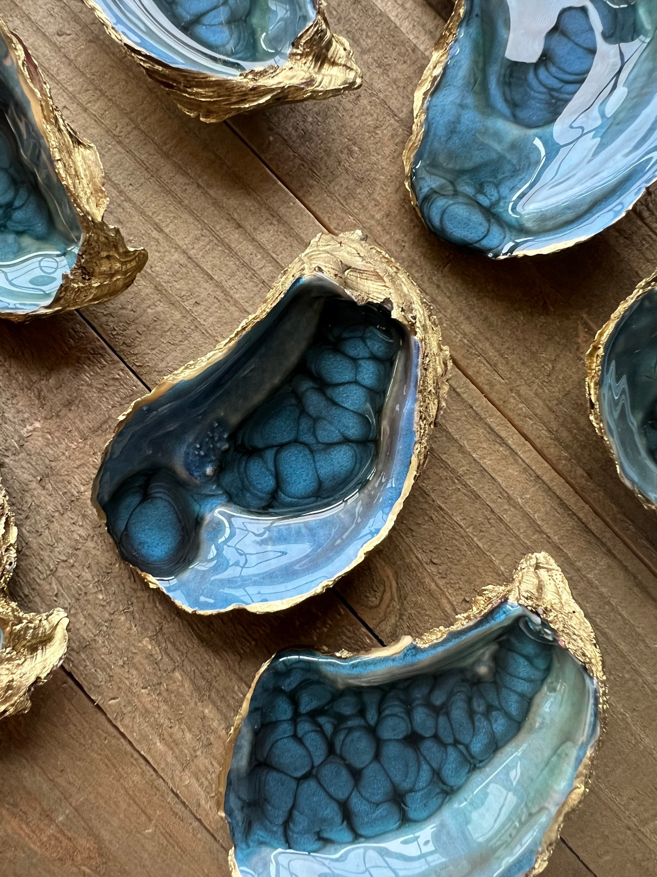 Sapphire Blue Oyster Shell Ring Dish: Hand-painted Brass Jewelry ...