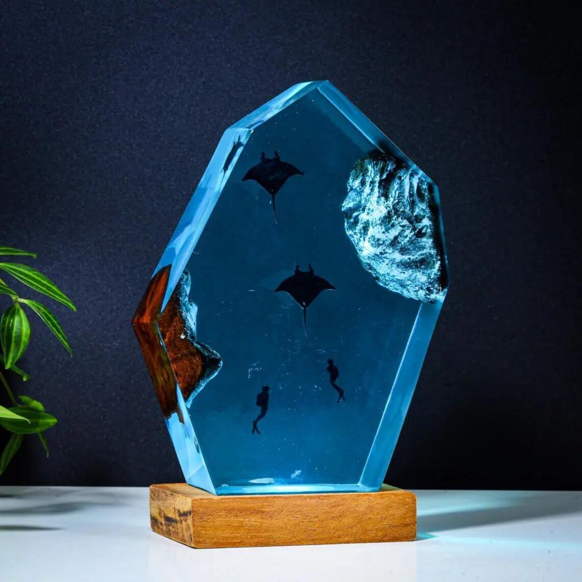 Manta Ray Diver Resin Lamp – Underwater Scene Light Sculpture, Handmade ...