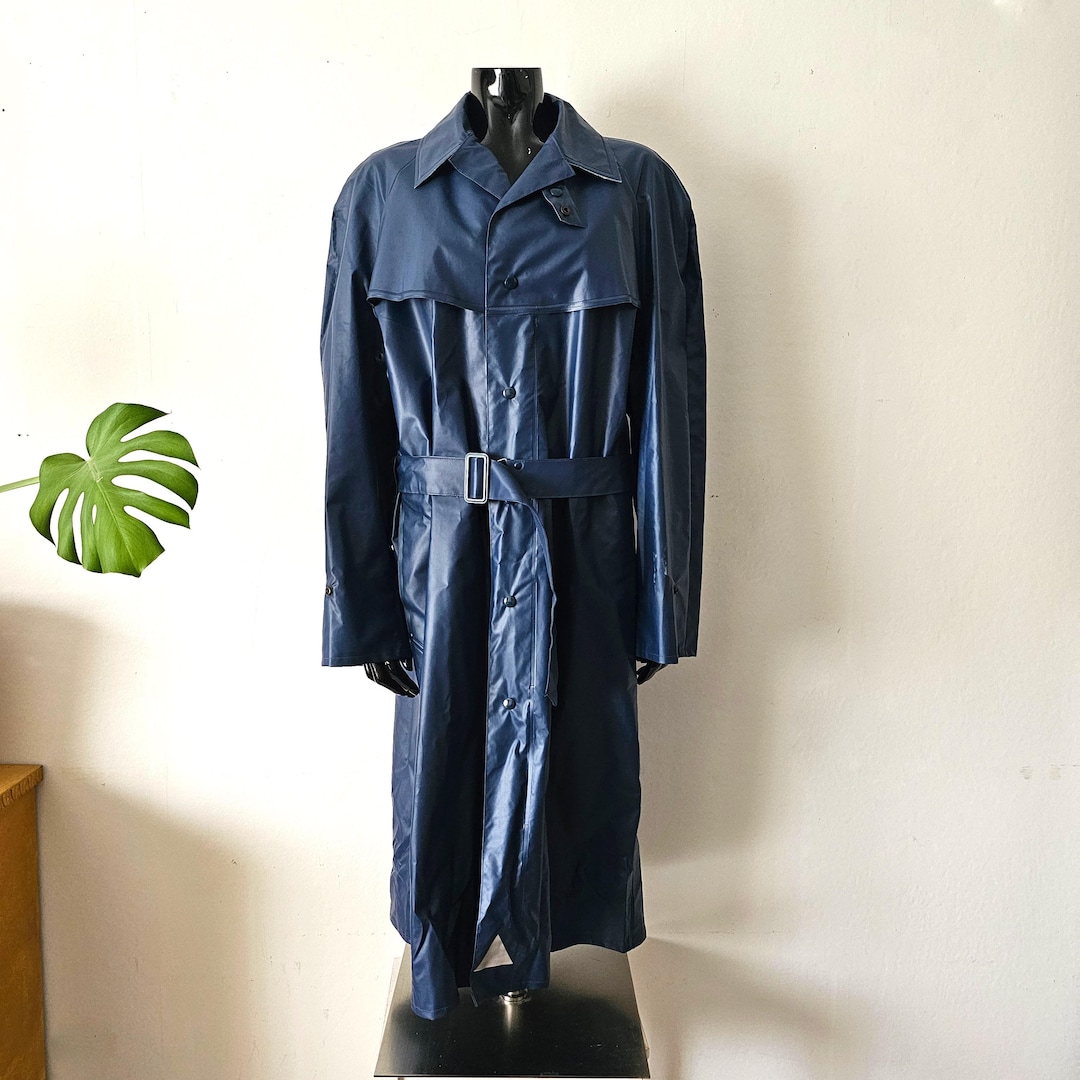Vintage Blue Long Rain Coat // PVC Rain Jacket // Collared Rain Coat ...