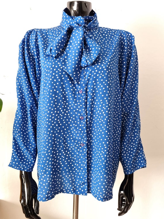 Vintage Women's Blue White Dotted Blouse // Polka Dot… - Gem