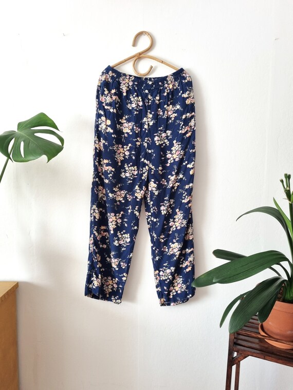 Vintage Women's Blue Floral Loose Fit Pants // Blue | Etsy