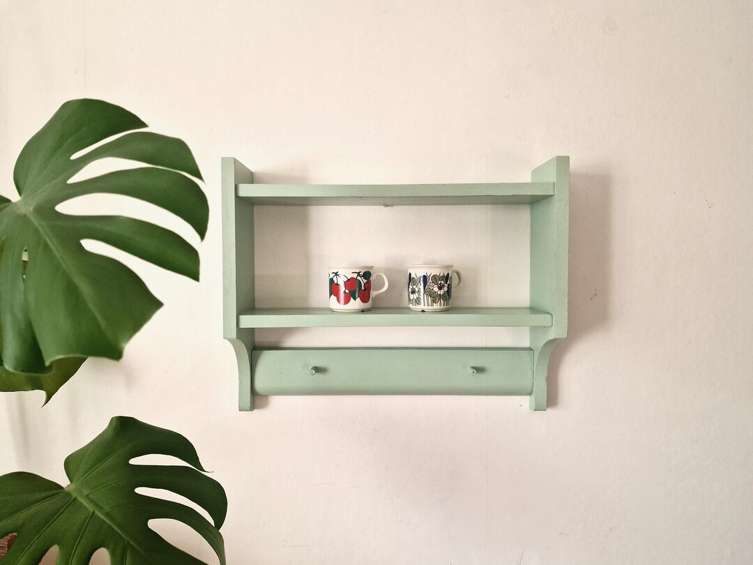 Vintage Wooden Mint Green Wall Shelf With Hooks // Wooden Kitchen Wall ...