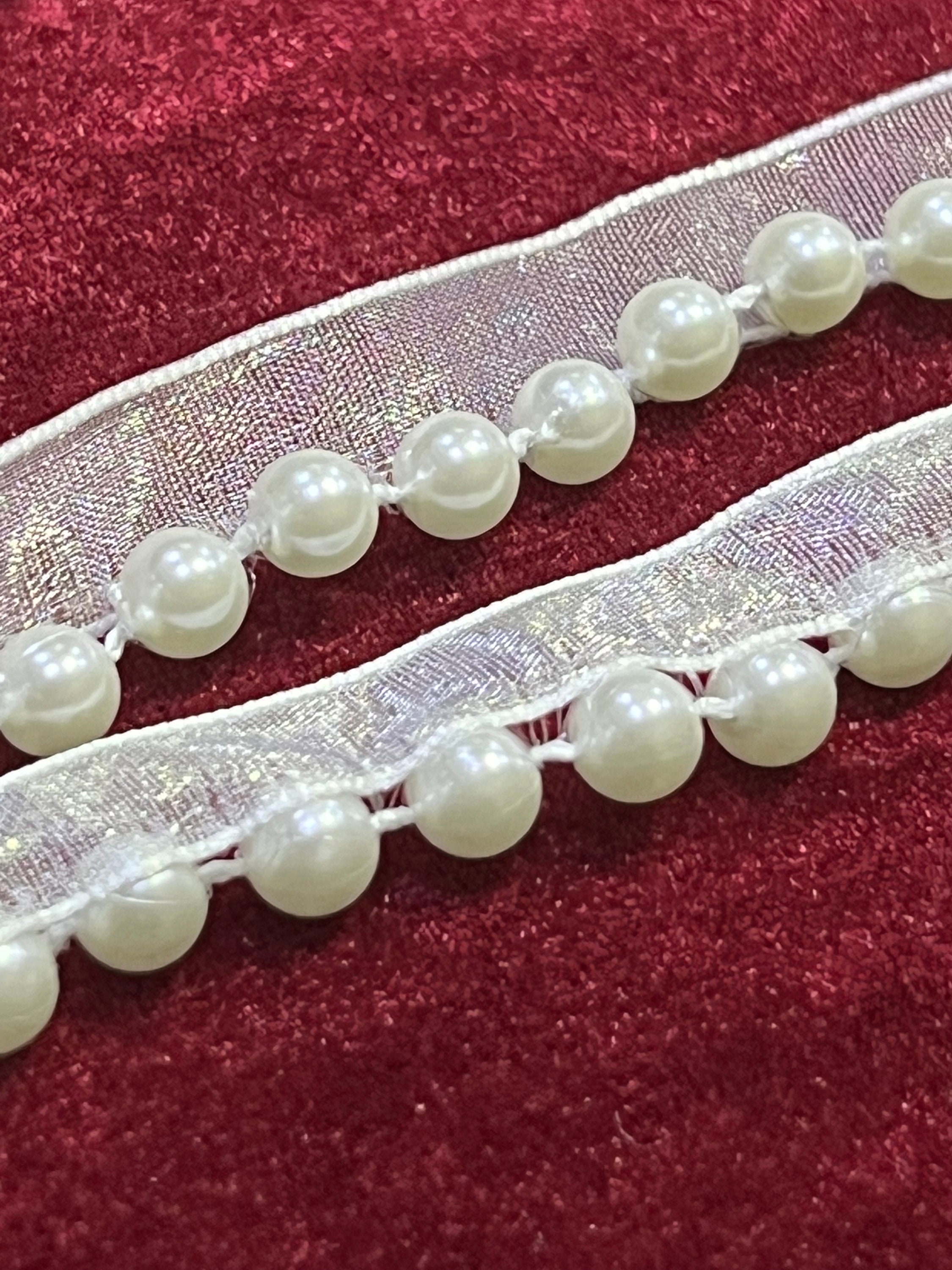 White Beaded Edging Trim With Organza, Faux Pearl on Trim, Pearl Trim ...