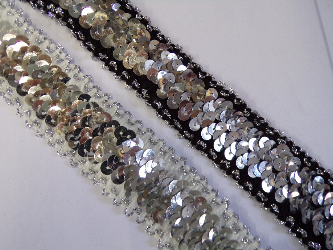 3.5cm Wide Black White Sequins Elastic, Lurex Elastic, Sequins Stretch ...