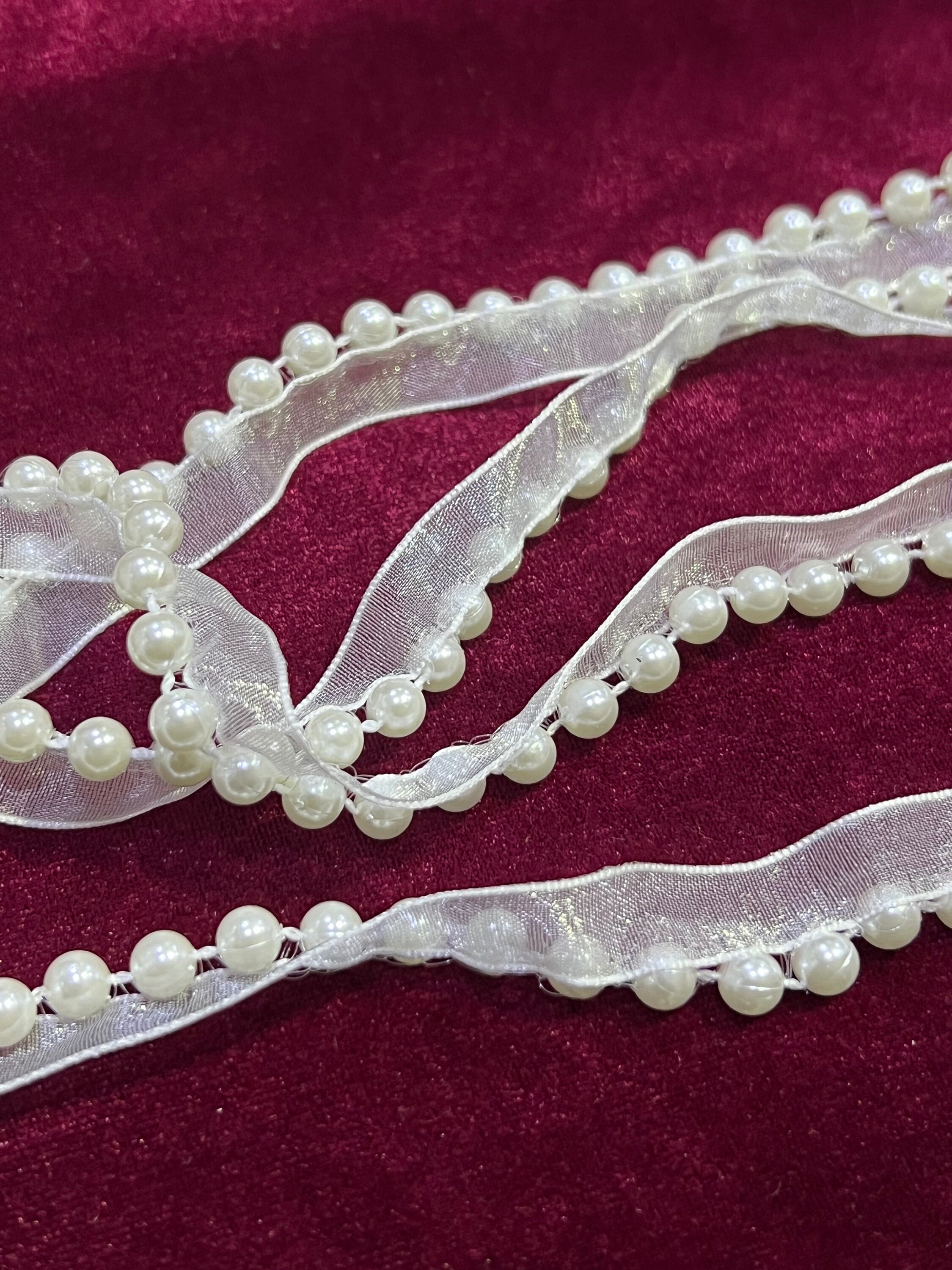 White Beaded Edging Trim With Organza, Faux Pearl on Trim, Pearl Trim ...