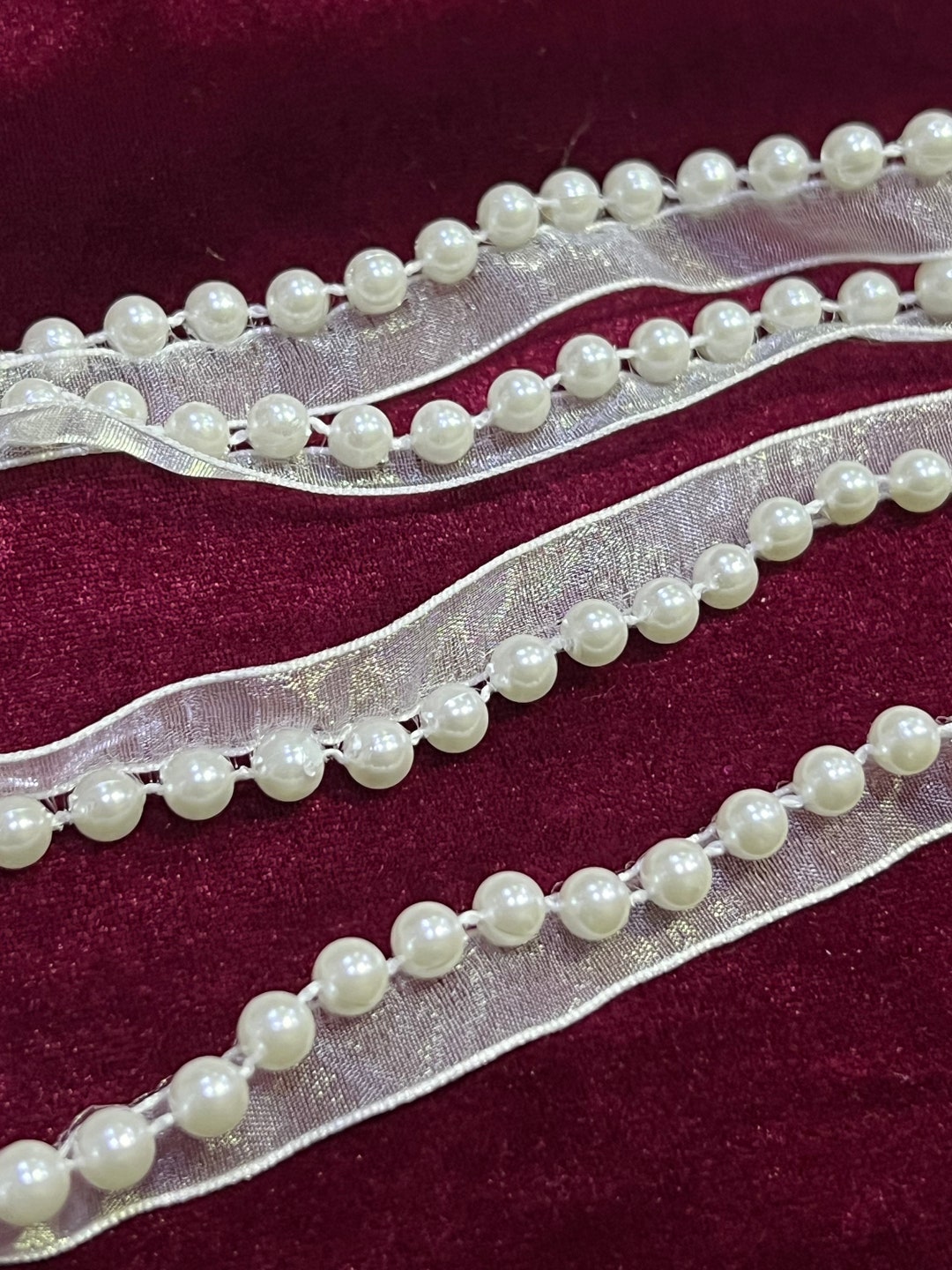 White Beaded Edging Trim With Organza, Faux Pearl on Trim, Pearl Trim ...