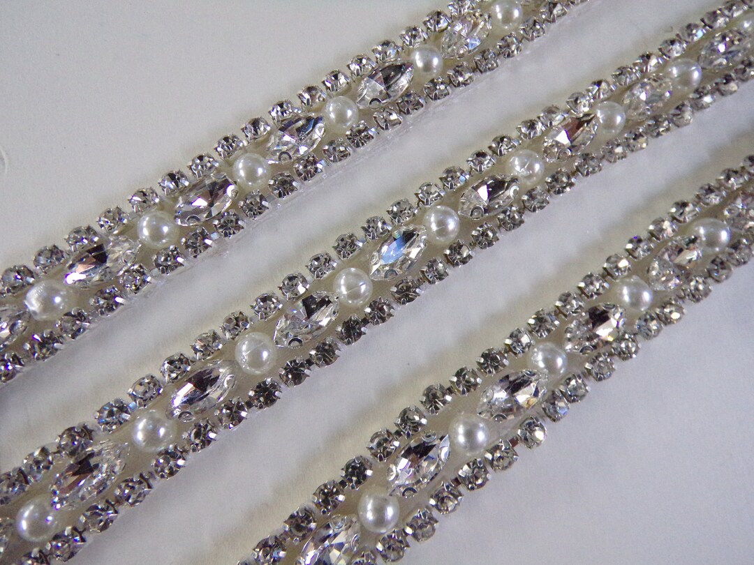 Diamante Pearl Beaded Trim, Iron on Rhinestone Ribbon for Bridal, Sash ...