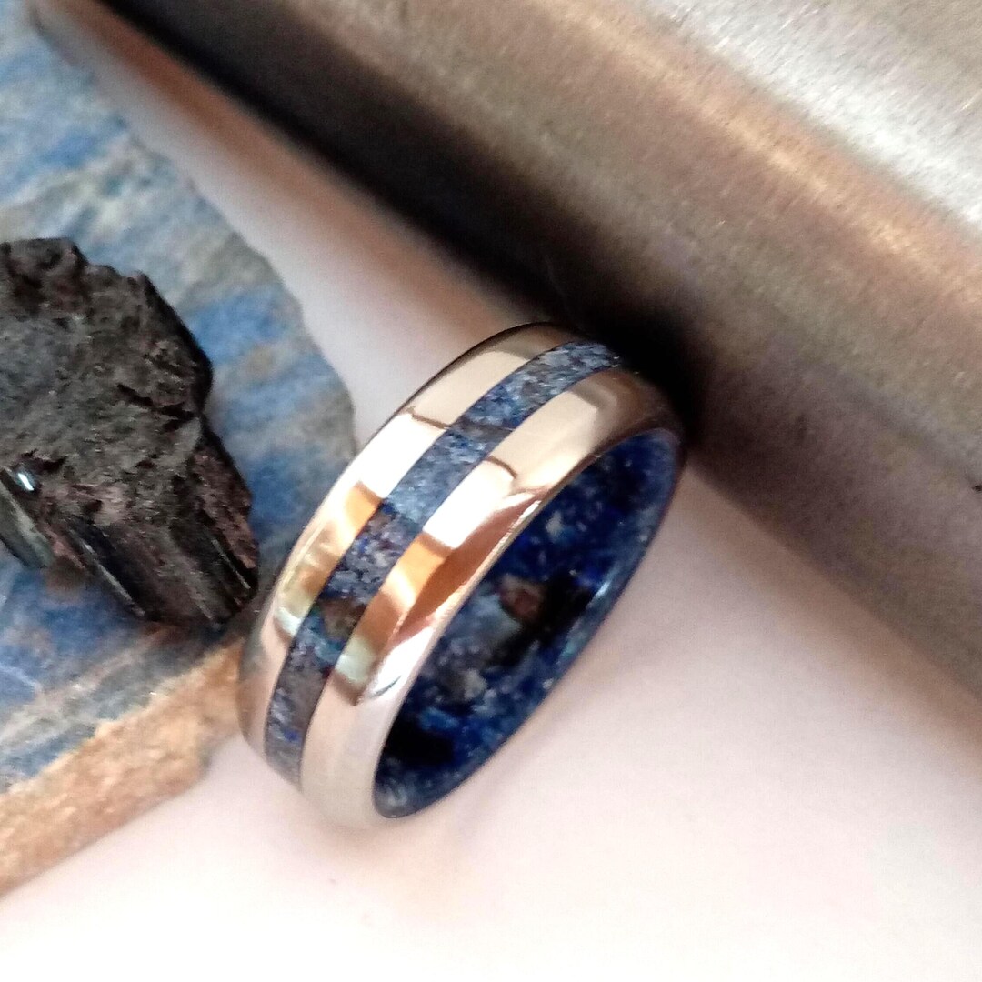 Raw Lapis Lazuli & Tourmaline Titanium Wedding Band - Beveled Edge 7mm ...