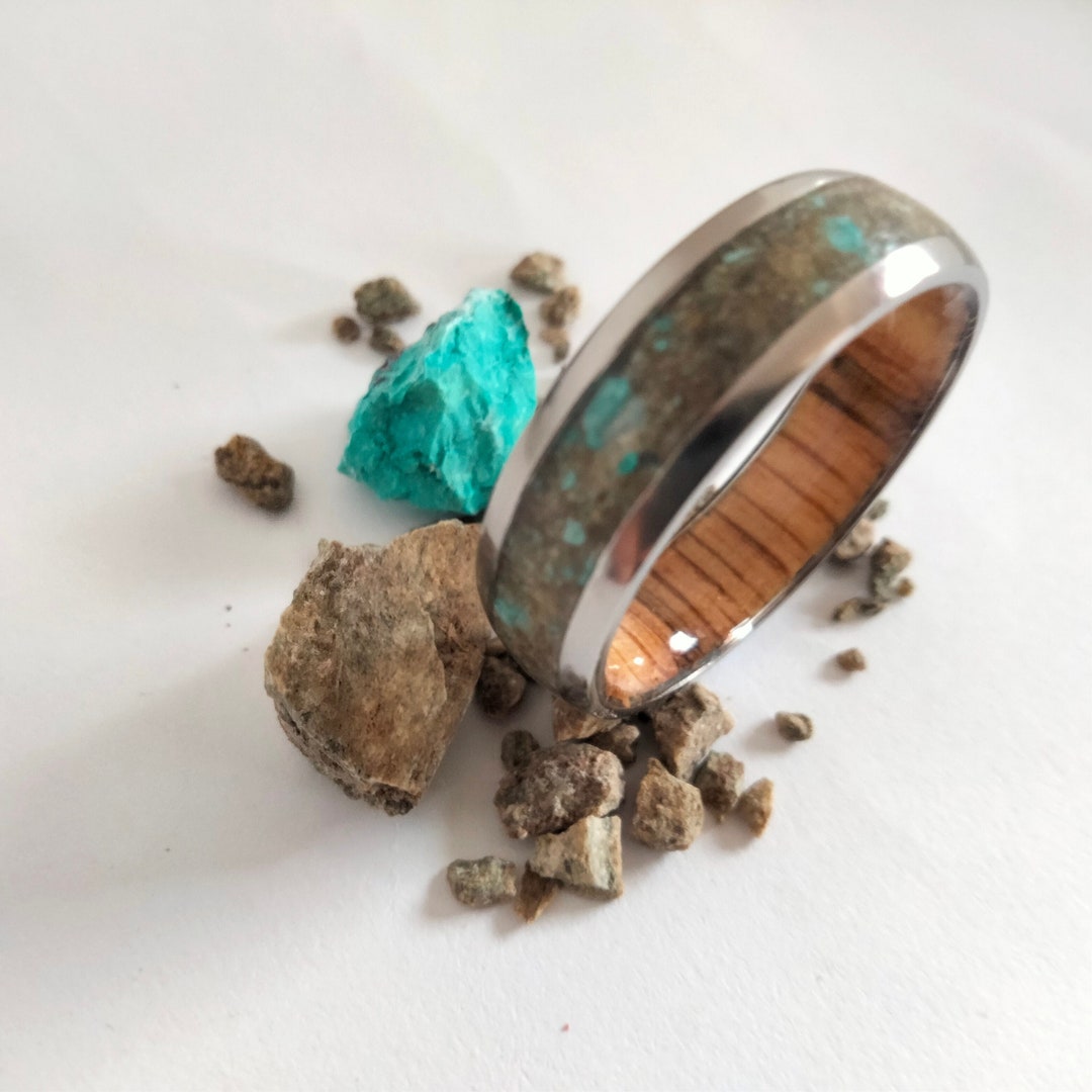 Mens Titanium Wedding Band, Petrified Wood, Turquoise Stone, White Oak ...