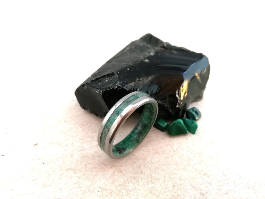 Raw Malachite Obsidian Titanium Wedding Band Ring: Beveled Edge - Etsy
