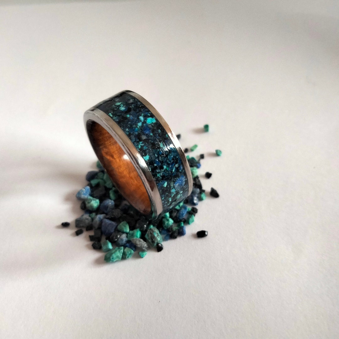 Koa Wood Titanium Ring: Lapis Lazuli, Turquoise, Tourmaline Inlay - Etsy