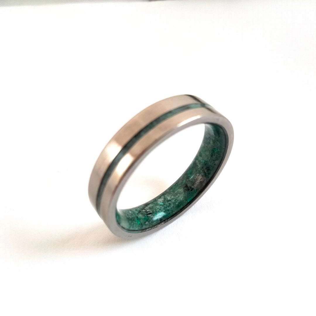 Titanium Wedding Band: Green Emerald Stone Ring, Unisex Promise Ring - Etsy