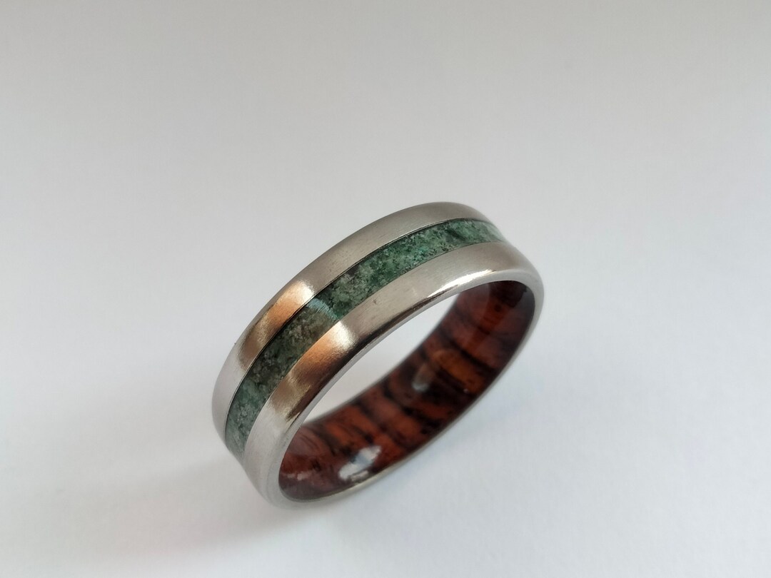 Cocobolo Wood Ring: Raw Emerald Titanium Band, His & Hers Wedding - Etsy