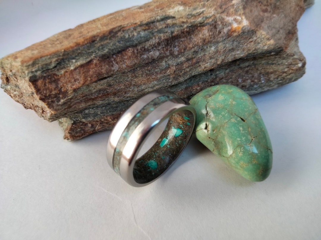 Turquoise Petrified Wood Ring: Titanium Wedding Band - Etsy