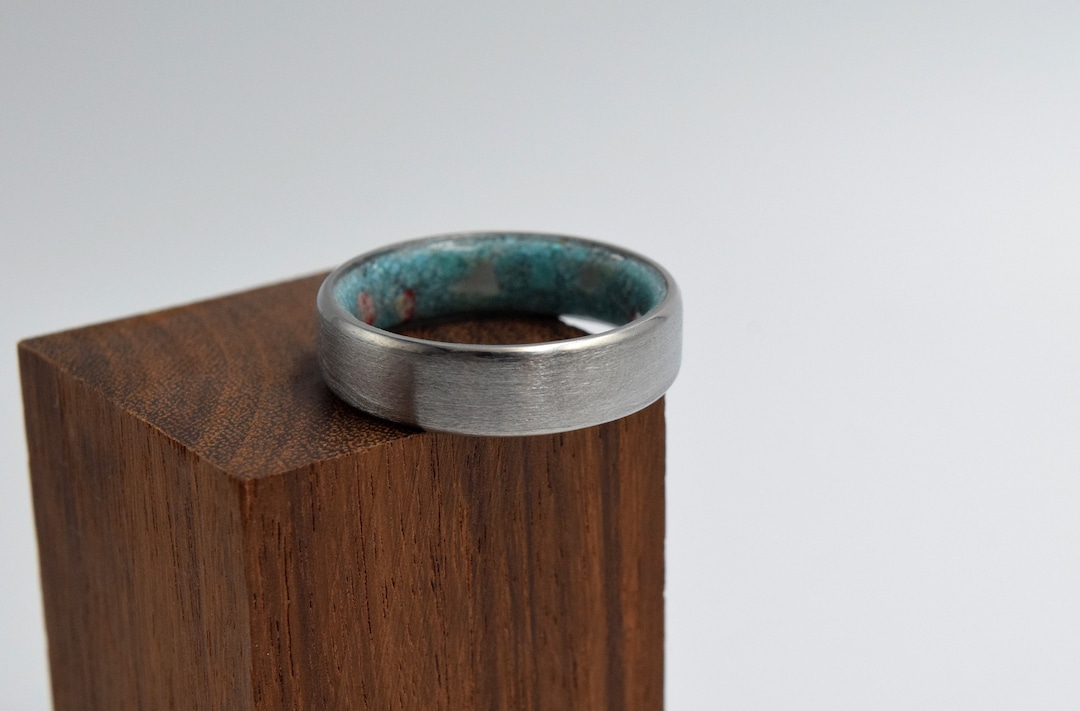 Titanium Band Ring: Raw Turquoise, Coral & Pearl Inlay, Beveled Edges ...